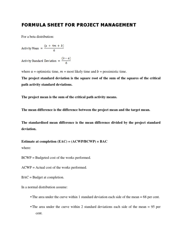 Project Management Formula Sheet | PDF