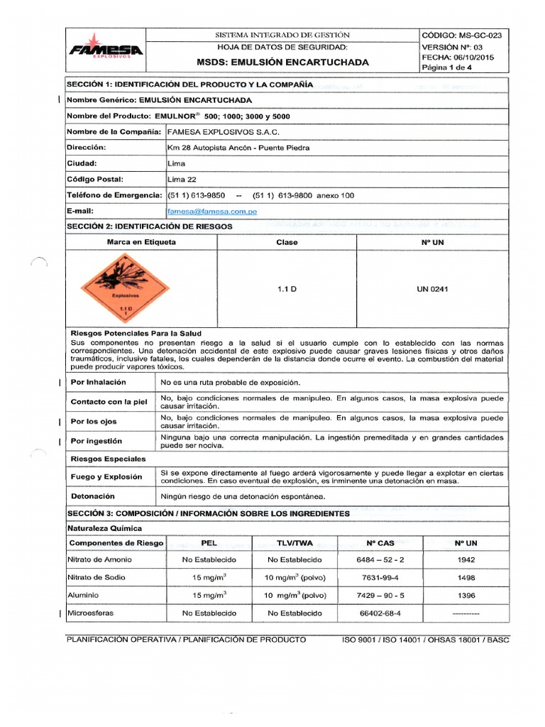Msds - Emulsion Encartuchada | PDF