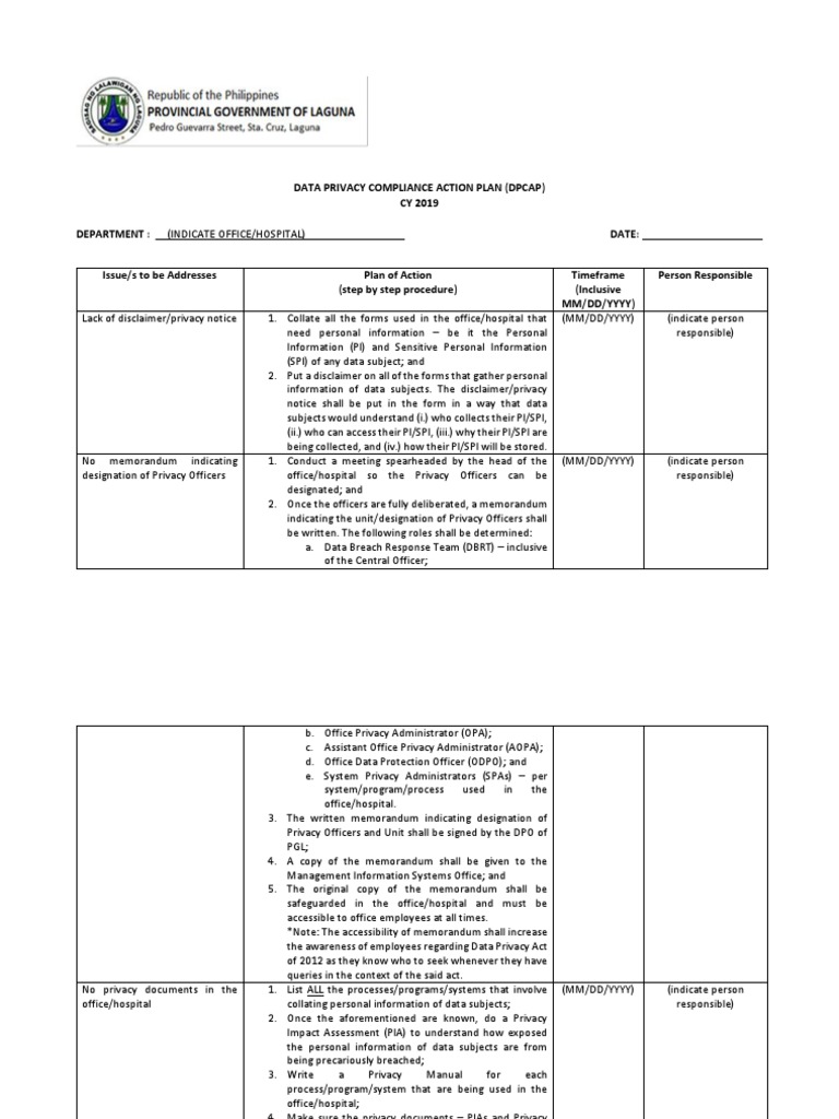 Data Privacy Compliance Action Plan (Dpcap) CY 2019 DEPARTMENT ...