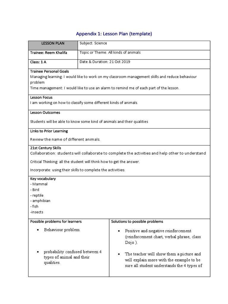 Appendix 1: Lesson Plan (Template) | Download Free PDF | Lesson Plan ...
