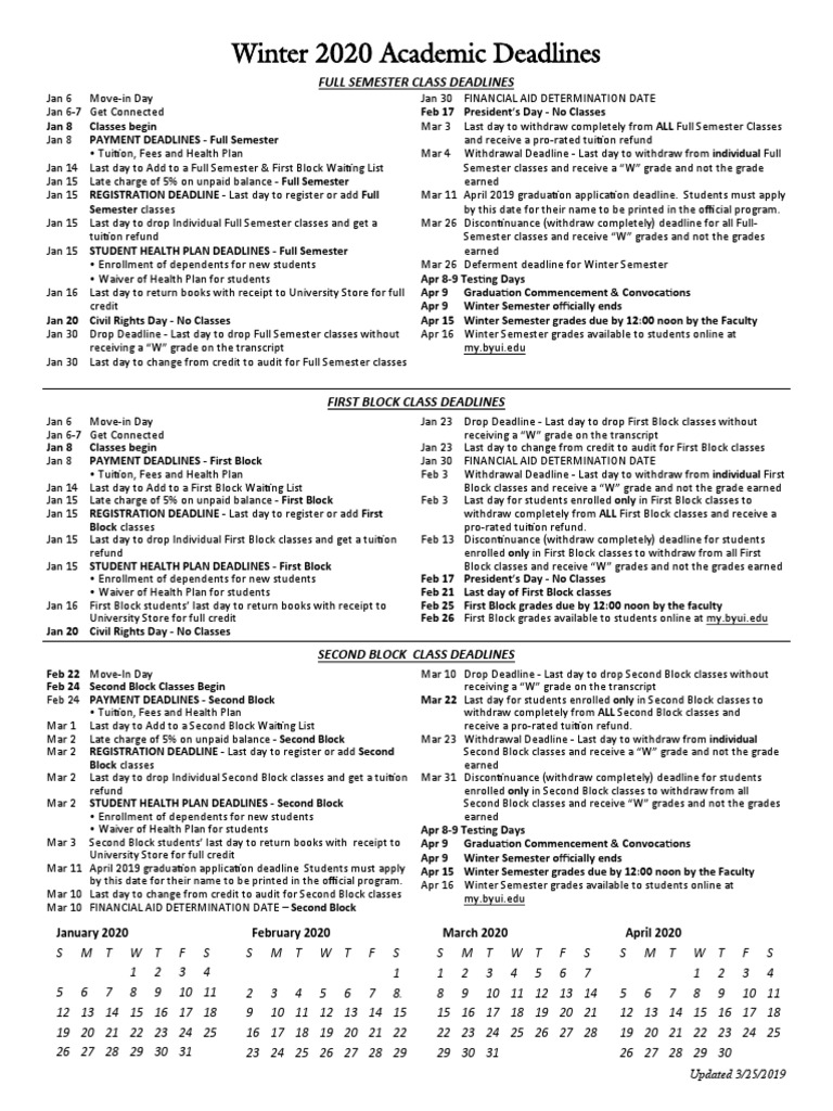 Winter 2020 Academic Calendar Deadlines | PDF | Tuition Payments ...