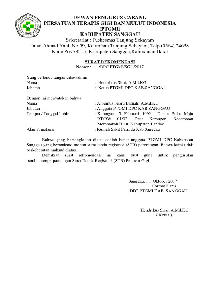 Surat Rekomendasi STR Ptgmi | PDF