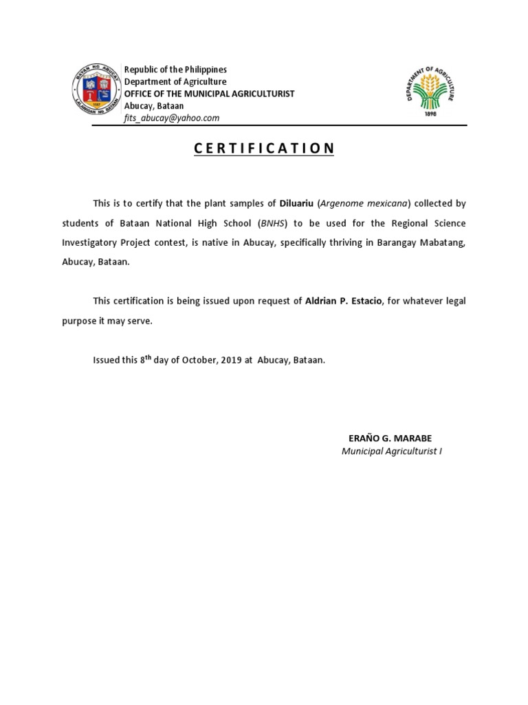 Certification For Plant Samples | PDF