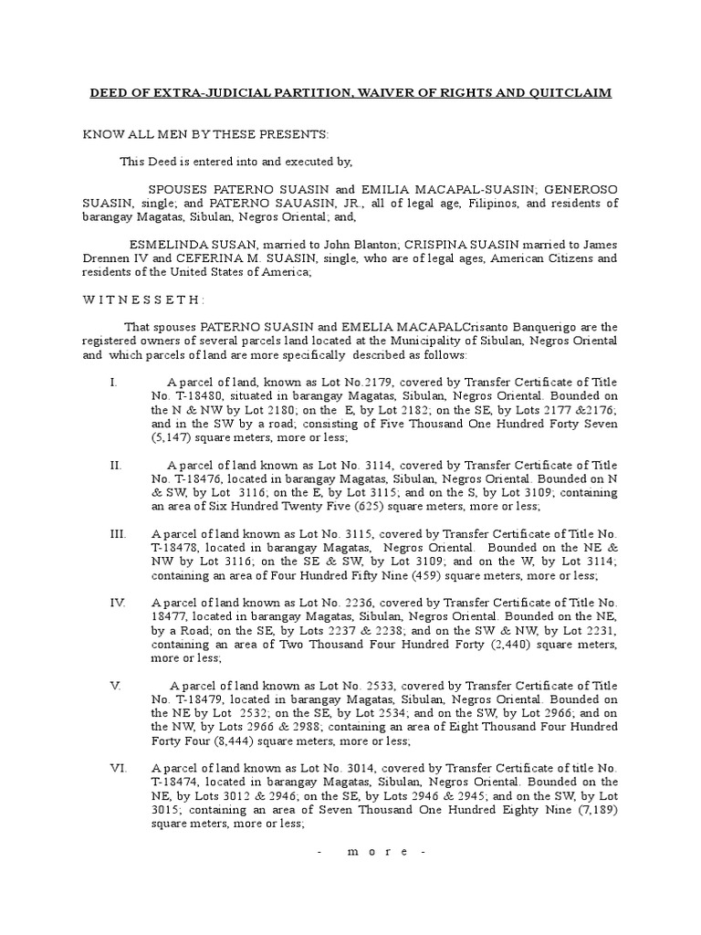 Deed of Extrajudicial Settlement and Partition - Clarita | PDF ...