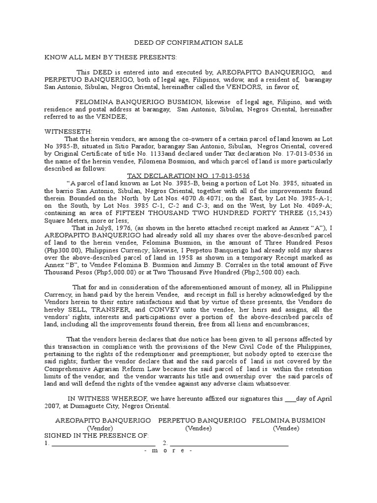 DEED of Confirmation Sale - Banquerigo | PDF | Civil Law (Common Law ...