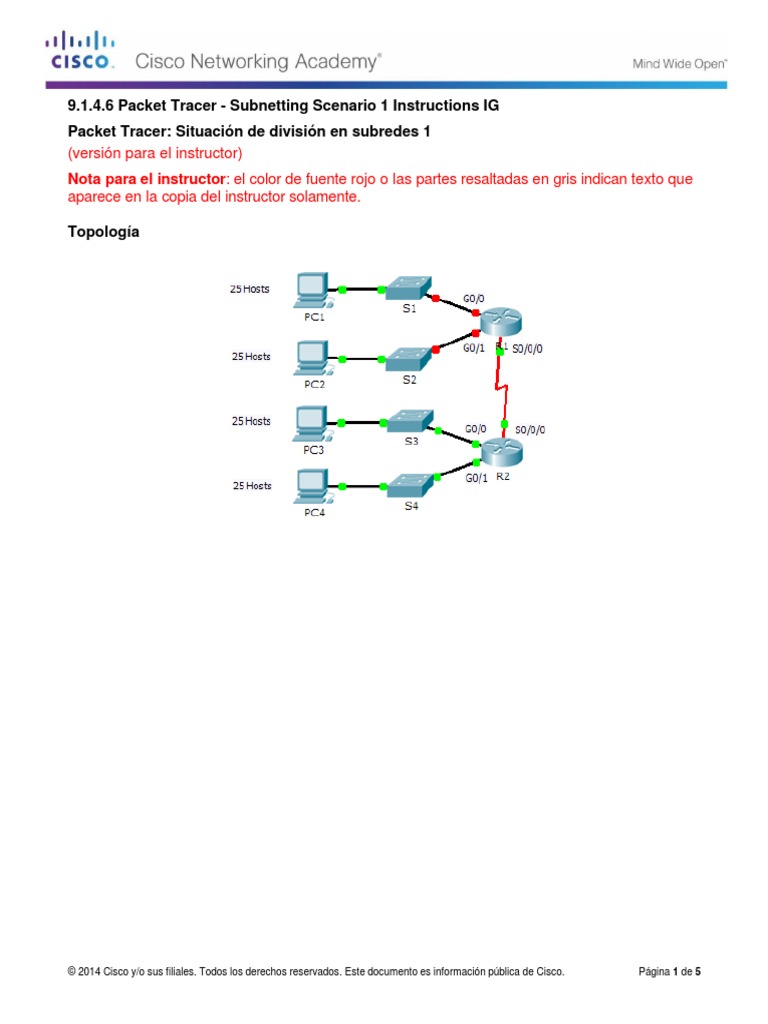 9.1.4.6 Packet Tracer - Subnetting Scenario 1 Instructions IG | PDF | Dirección IP | Estándares ...