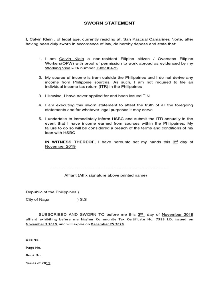 Sworn Statement: IN WITNESS THEREOF, I Have Hereunto Set My Hands This ...