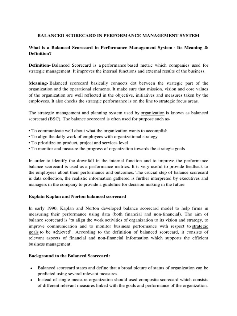 Balanced Scorecard in Performance Management System | PDF | Goal ...