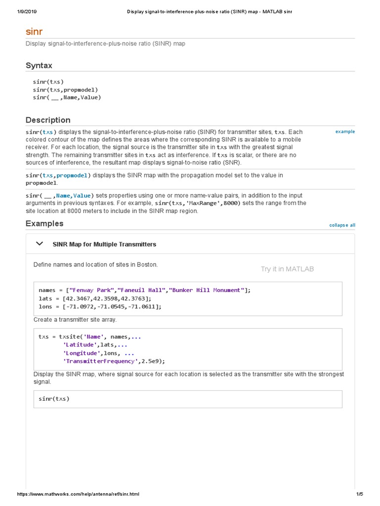 Display Signal-To-Interference-plus-noise Ratio (SINR) Map - MATLAB ...