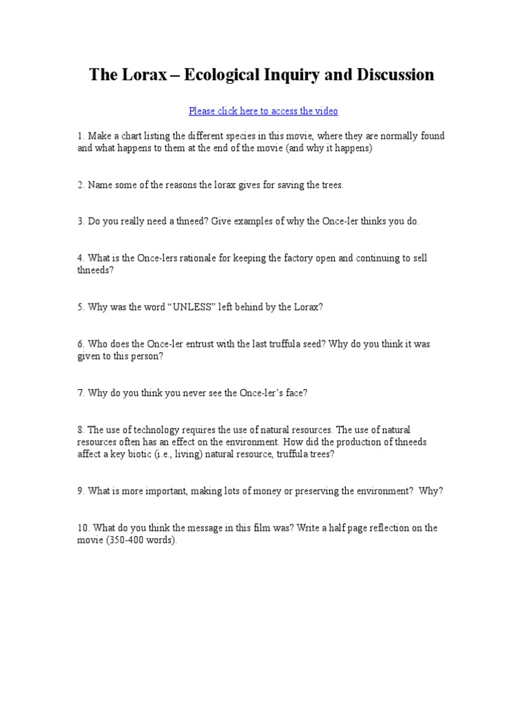 The Lorax Questions | PDF | Biogeochemistry | Ecology