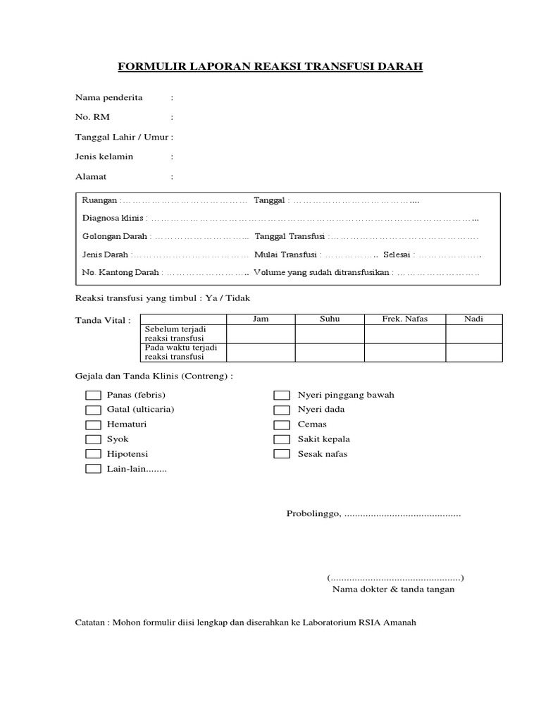 Formulir Reaksi Transfusi Darah | PDF