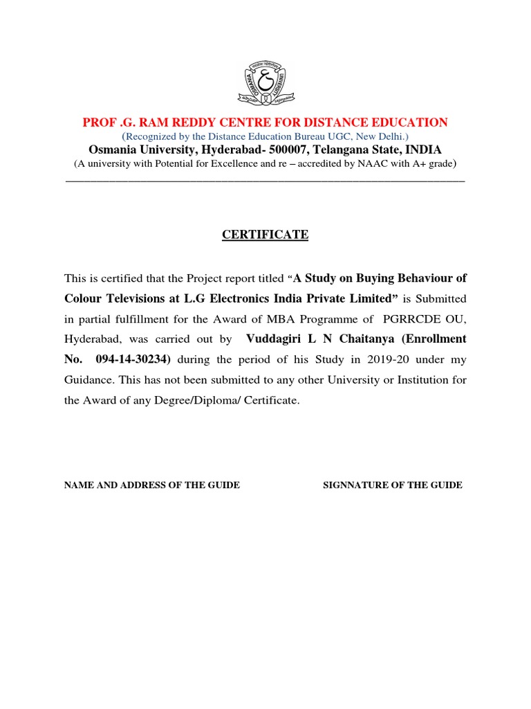 PGRRCDE LETTER PAD-Project Certificate-Chaitanya | PDF