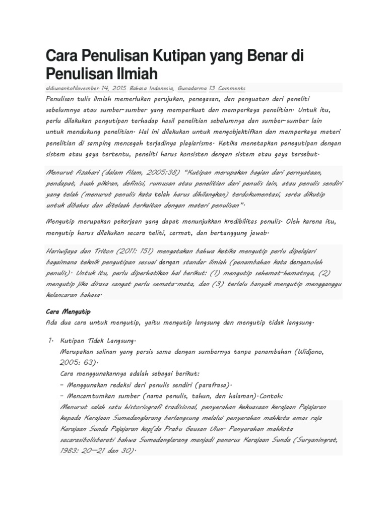 Cara Penulisan Kutipan Yang Benar Di Penulisan Ilmiah | PDF