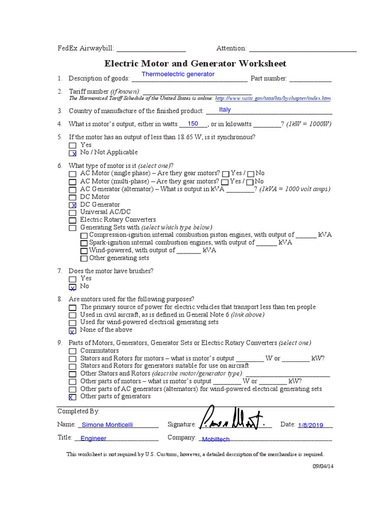 Electric Motor and Generator Worksheet: Fedex Airwaybill: - Attention ...