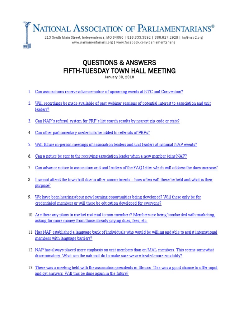 Questions & Answers Fifth-Tuesday Town Hall Meeting: January 30, 2018 ...