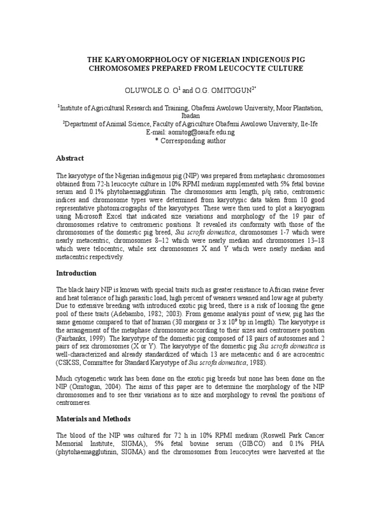 The Karyomorphology of Nigerian Indigenous Pig Chromosomes Prepared ...