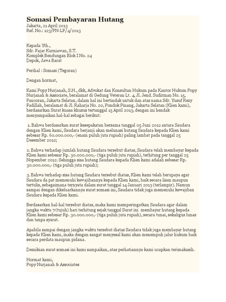 Draft Somasi Hutang Piutang 1 | PDF