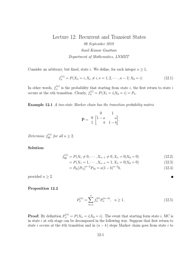 Lecture 12: Recurrent and Transient States: (n) ii n ν 0 | PDF | Markov ...
