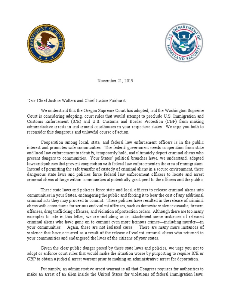 Letter From DOJ and DHS To Oregon and Washington Courts | PDF | Arrest ...