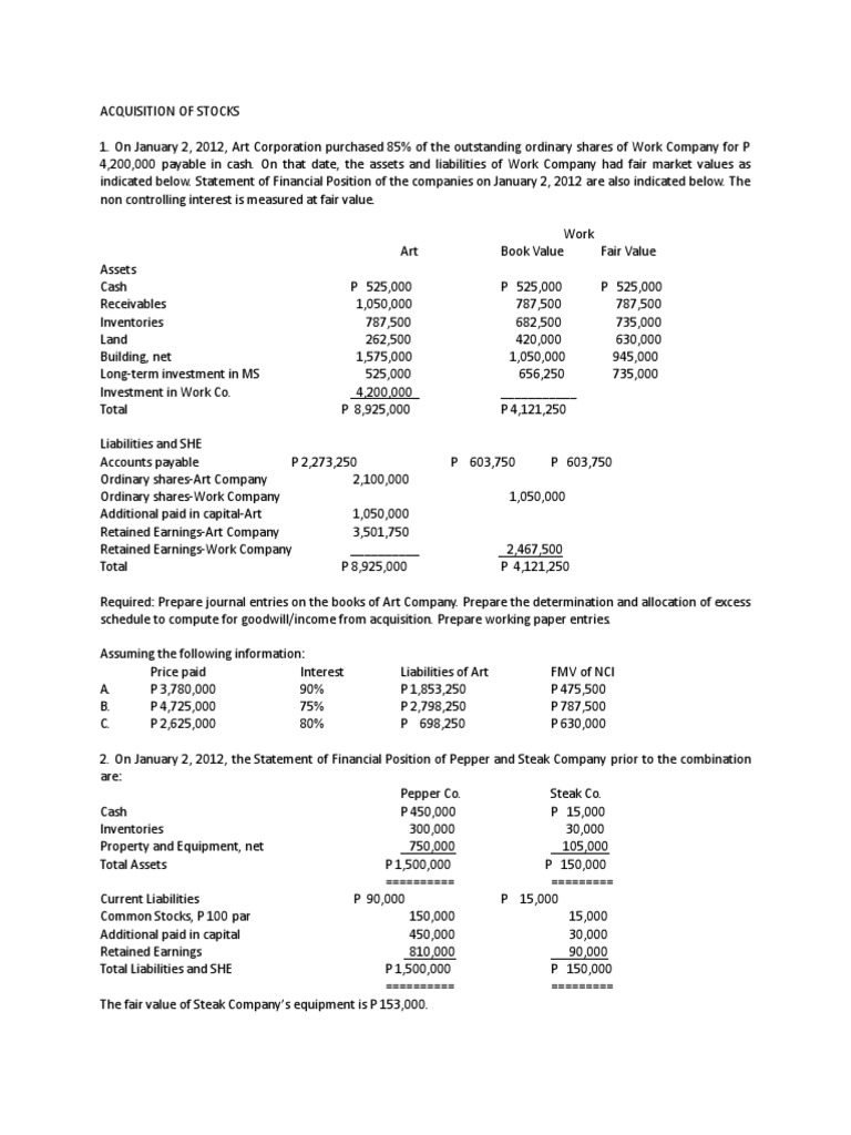 Stock Acquisition Accounting Entries Guide | PDF | Goodwill (Accounting ...
