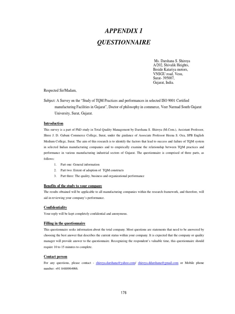 Appendix 1 Questionnaire | PDF | Business Process | Quality Management