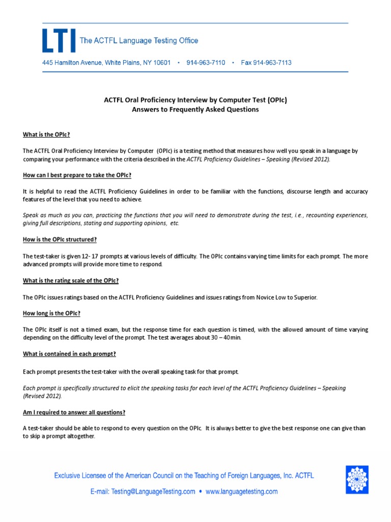 Actfl Oral Proficiency Interview by Computer Test (Opic) Answers To ...