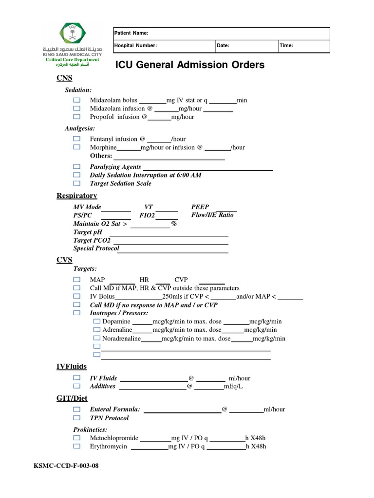 ICU Admission Orders | PDF | Sepsis | Intravenous Therapy