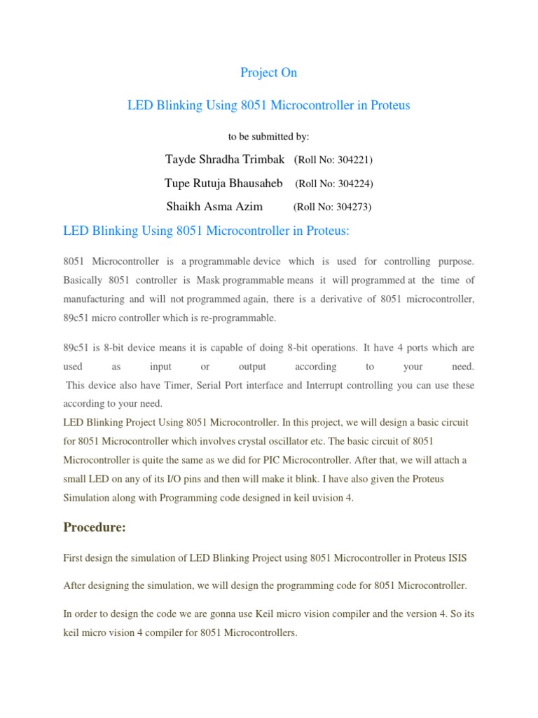 Project On LED Blinking Using 8051 Microcontroller in Proteus | PDF ...