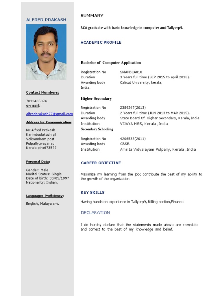 Alfred Prakash: BCA Graduate With Basic Knowledge in Computer and ...
