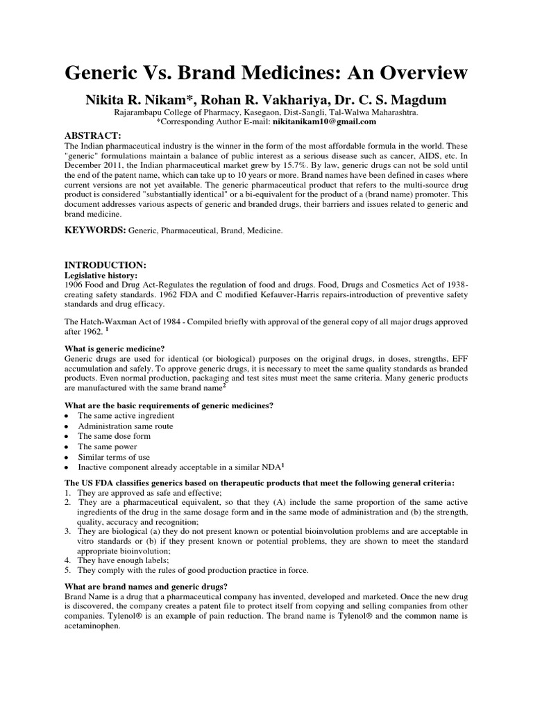 Intro-Generic vs. Brand Medicines-An Overview | PDF | Generic Drug ...