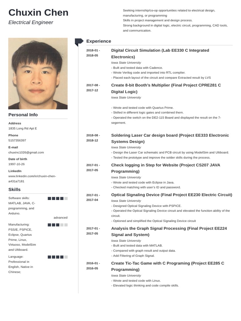 Chuxin Chen - Resume | PDF | Electronics | Digital Technology