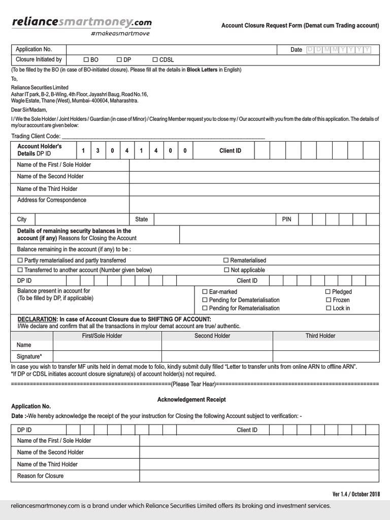 Reliance Demat Account Closure Form | PDF | Financial Services | Business