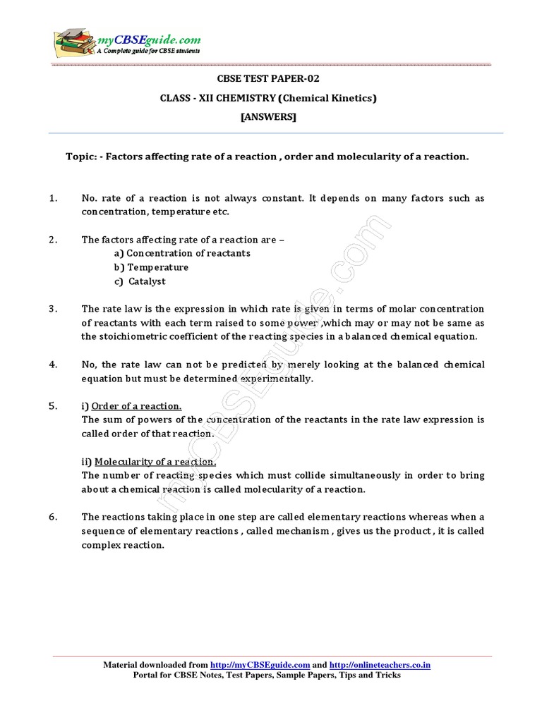 Cbse Test Paper-02 CLASS - XII CHEMISTRY (Chemical Kinetics) (Answers ...