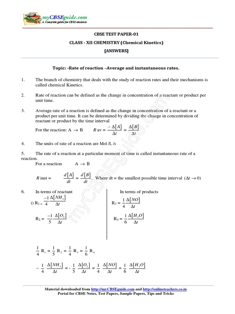 Cbse Test Paper-01 CLASS - XII CHEMISTRY (Chemical Kinetics) (Answers ...