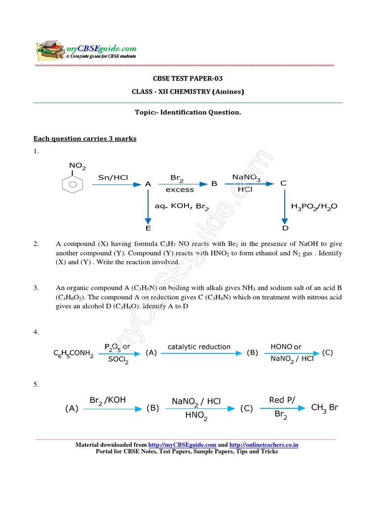 CBSE Class 12 Chemistry Test Paper: Amines | PDF