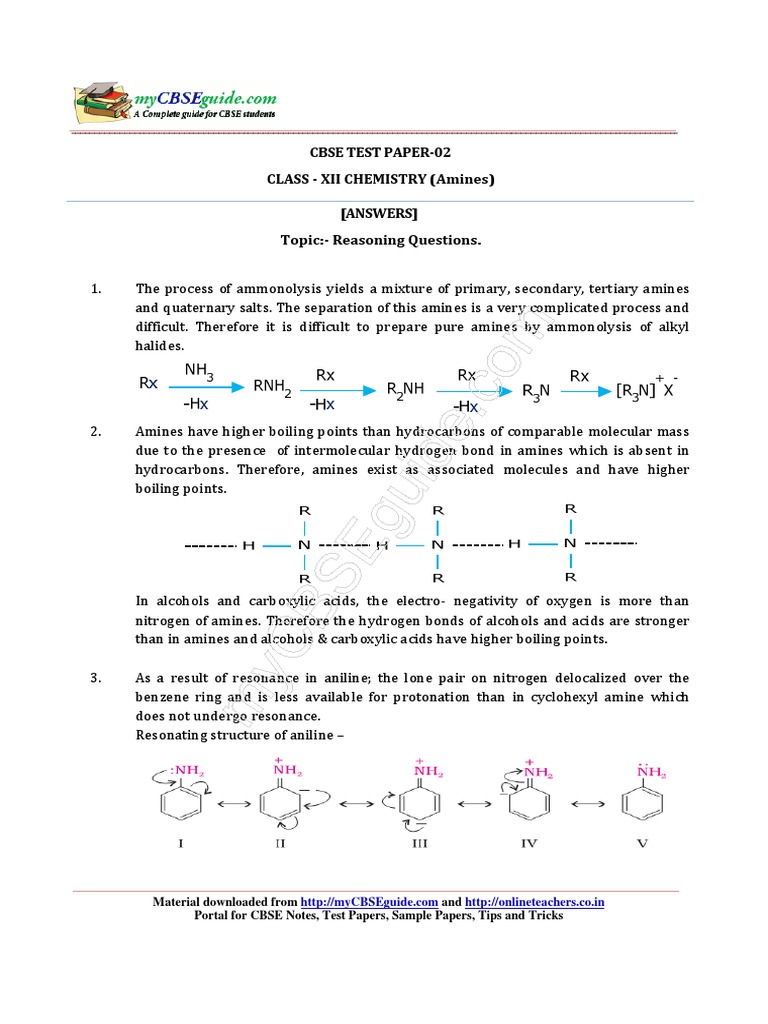 Cbse Test Paper-02 Class - Xii Chemistry (Amines) (Answers) Topic ...