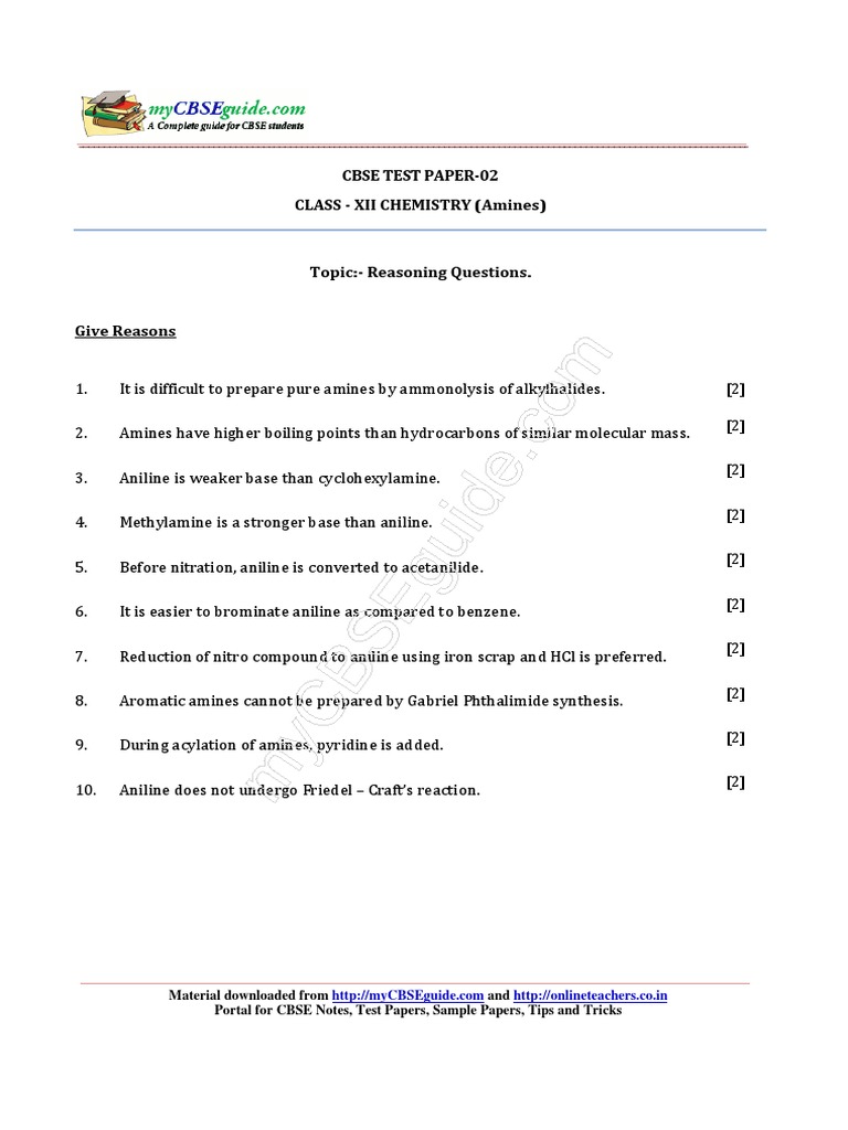 Cbse Test Paper-02 Class - Xii Chemistry (Amines) | PDF