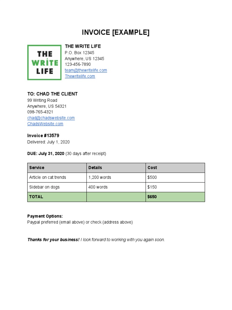 Invoice (Example) : The Write Life | PDF