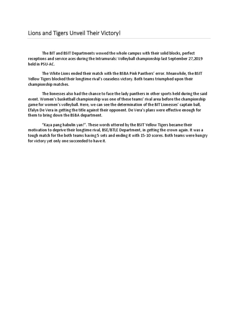 Lions and Tigers Win Volleyball Championship | PDF