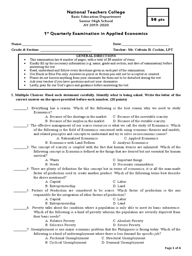 Applied Economics Prelim Exam New | Underemployment | Economics
