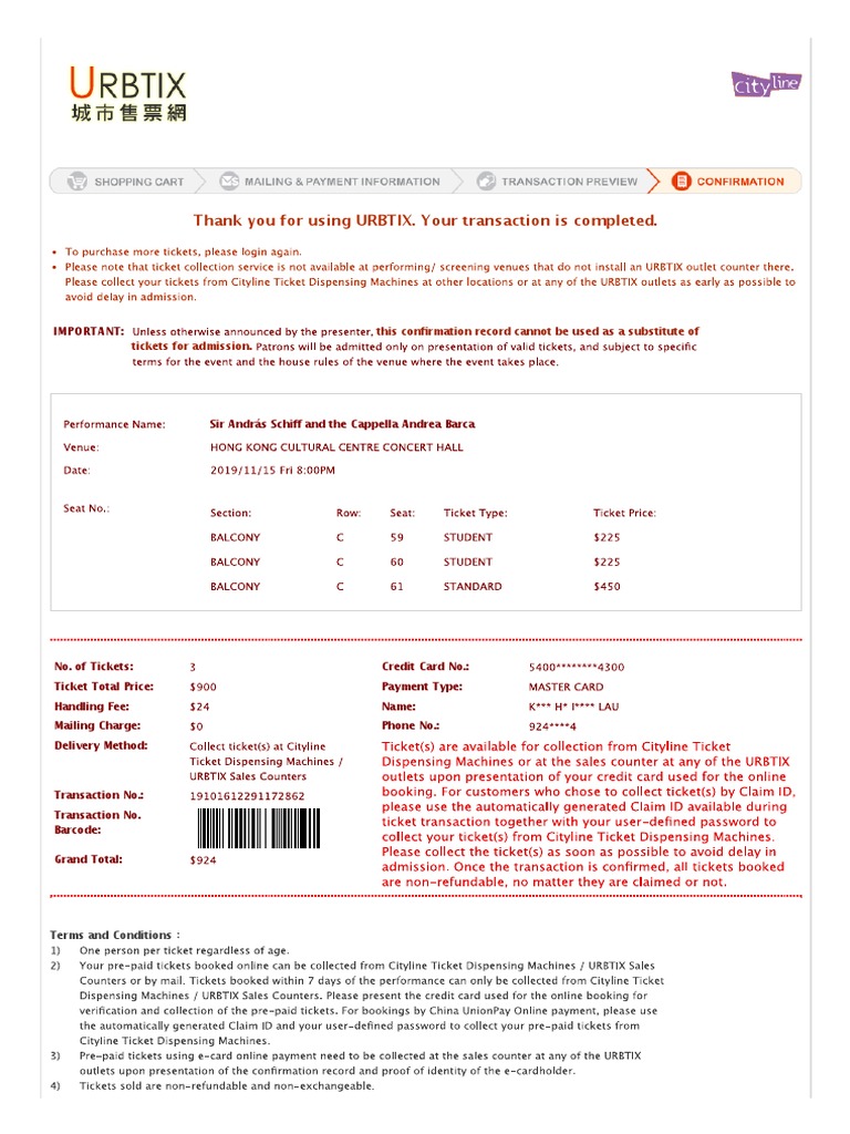 URBTIX - Confirmation Record | PDF