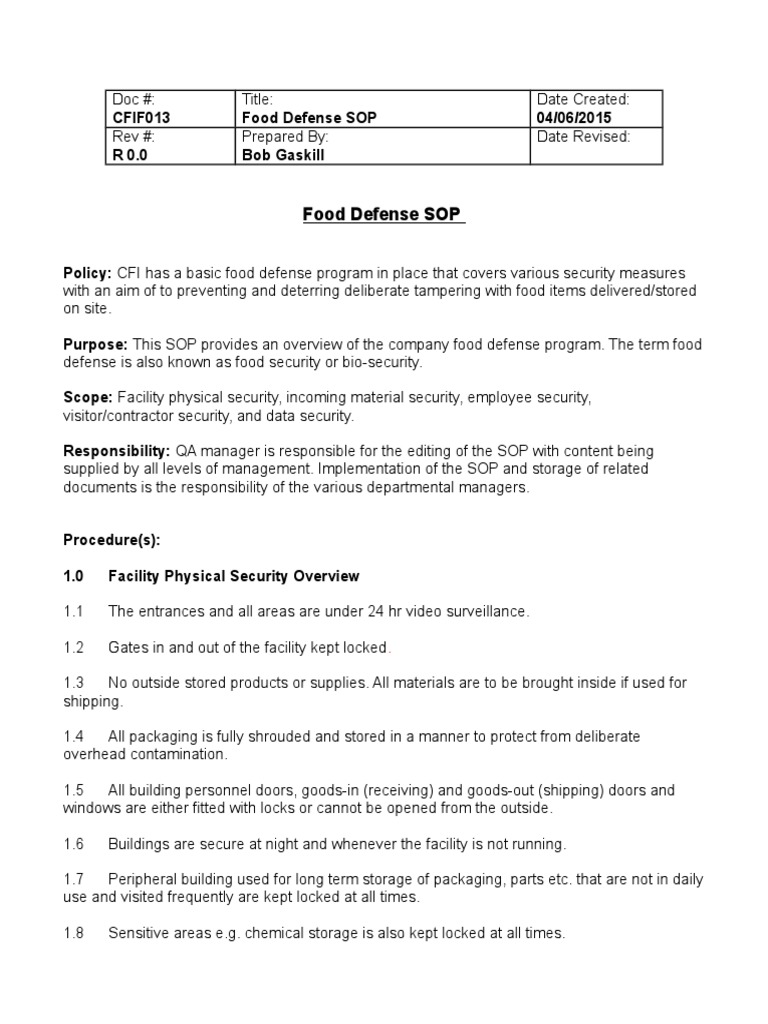 SOP Food Defence | PDF | Identity Document | Physical Security