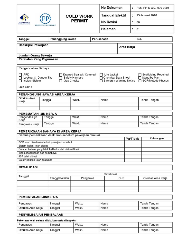 PML PP S CKL 000 0001 01. Form Cold Work Permit | PDF