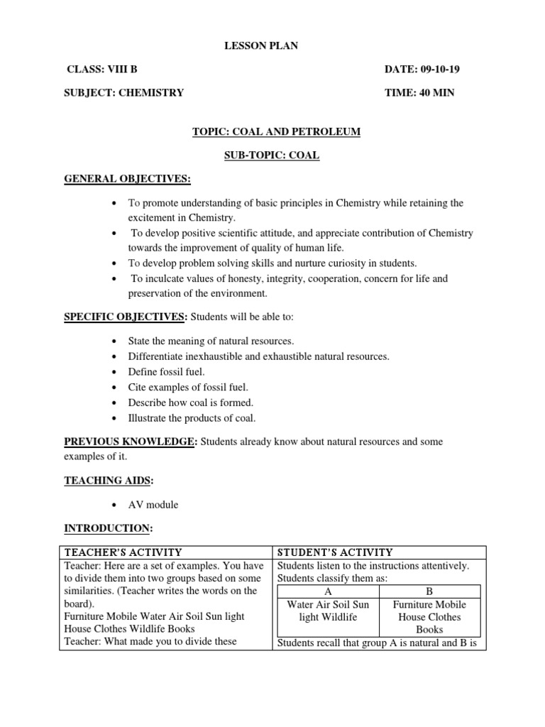 Class 8 Lesson Plan: Coal and Petroleum | PDF | Coal | Fuels