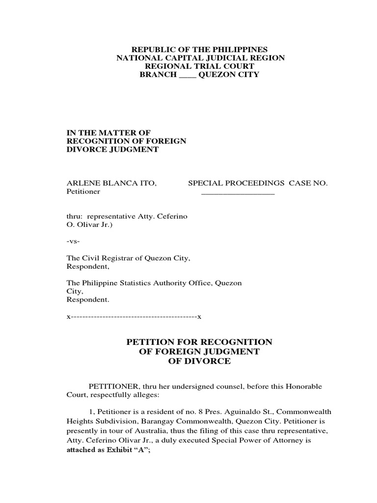 Petition For Recognition of Foreign Divorce Judgment | PDF