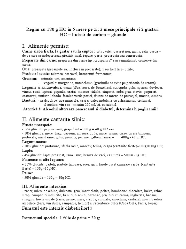 Dietă pentru diabet: 180g HC zilnic | PDF