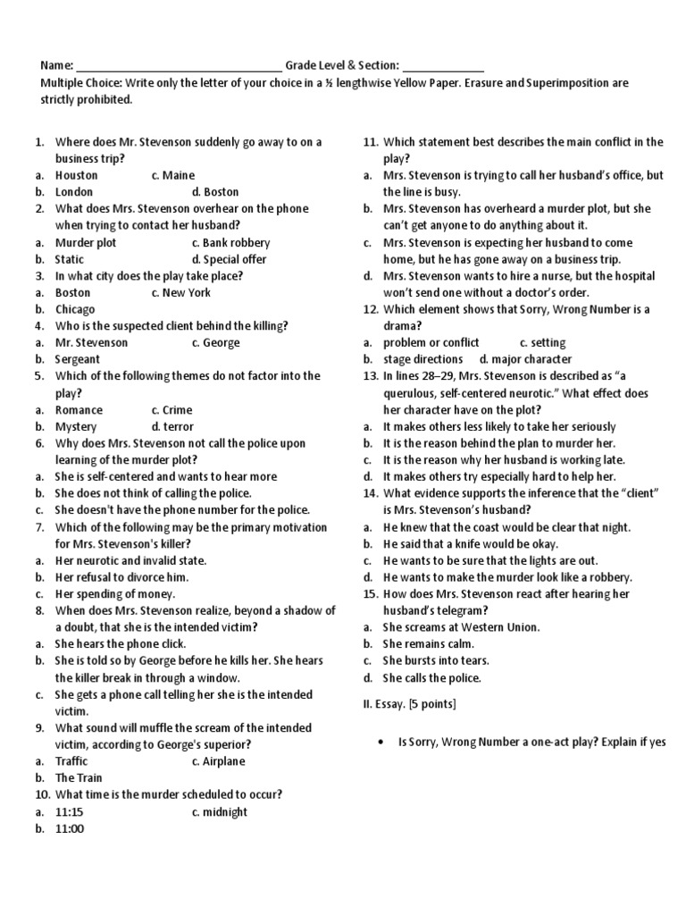 Sorry, Wrong Number Quiz & Analysis | PDF | Violence