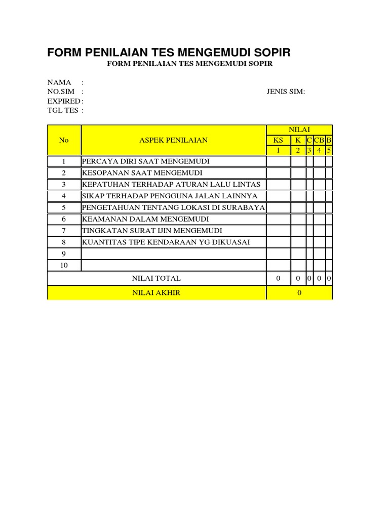 Form Penilaian Tes Mengemudi Sopir | PDF