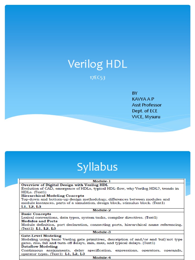 Verilog HDL: BY Kavya A P Asst Professor Dept. of ECE VVCE, Mysuru | PDF | Hardware Description ...