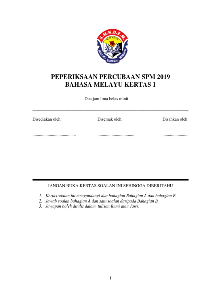 BM Kertas 1 Percubaan Perak SPM 2019 | PDF